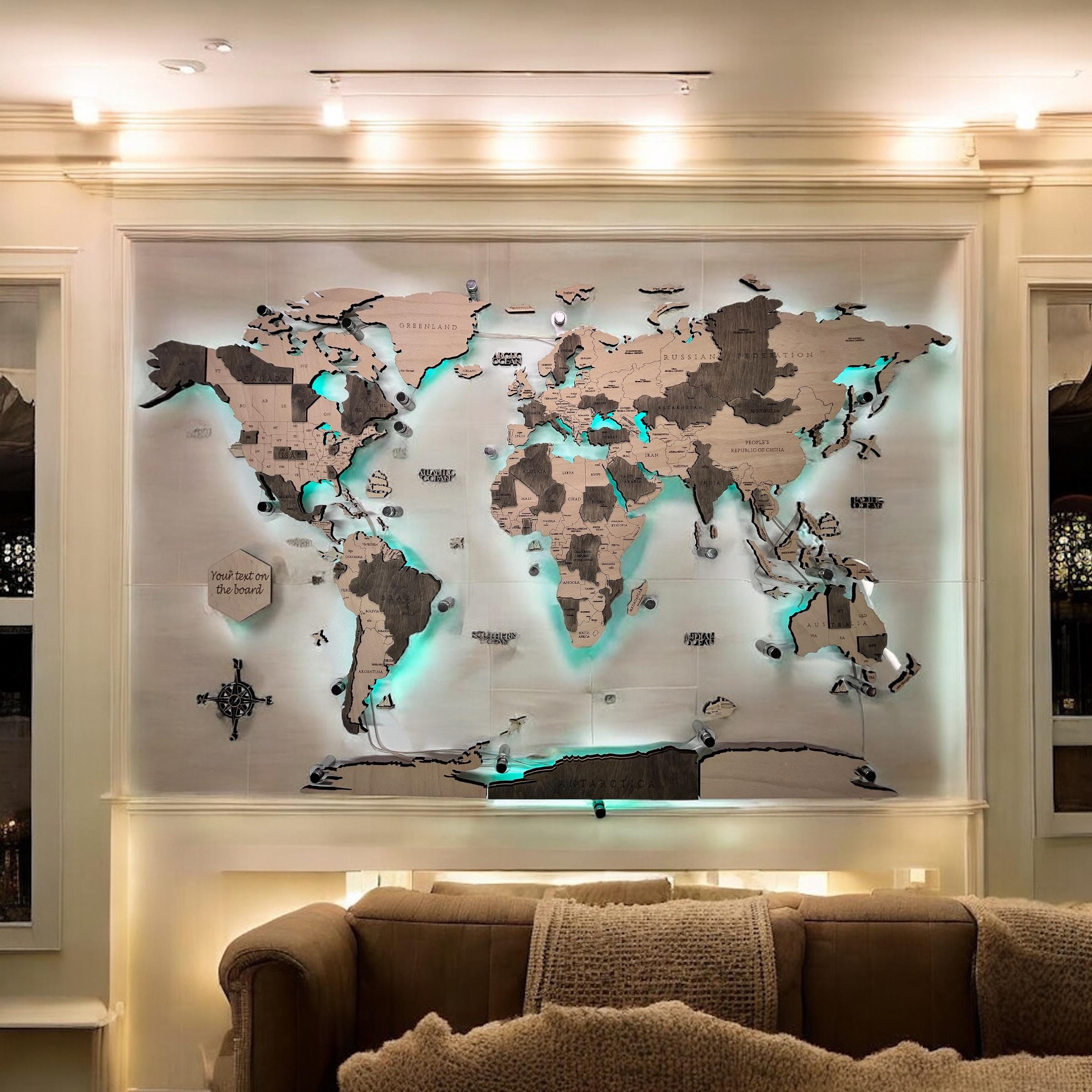 Wooden Custom Map Wall Decor, 3D Led Wooden World Map Display, Travel ...