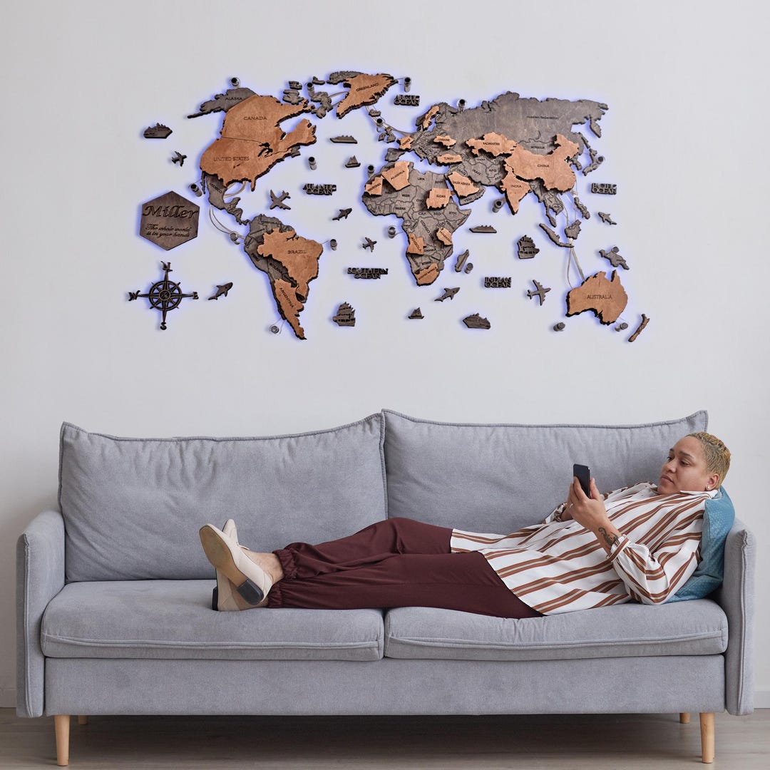 LED Backlight Wooden World Map Wall Decoration, Above Bed Decor ...