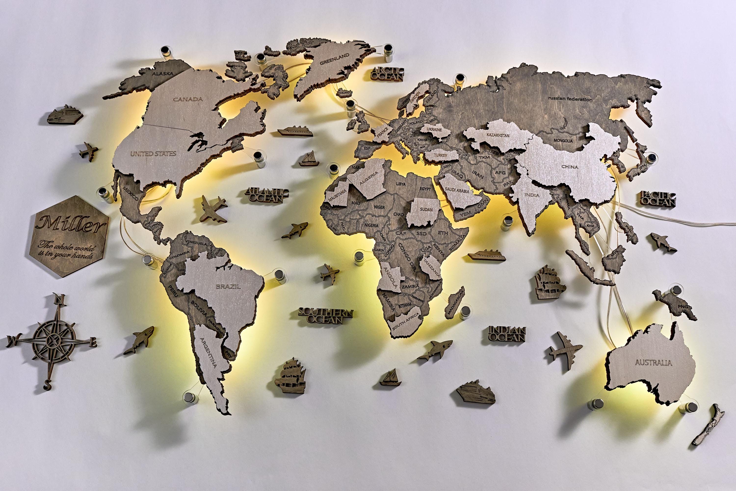 3D Wooden World Map, LED Backlit Map Decor, Custom Memory Map Home ...