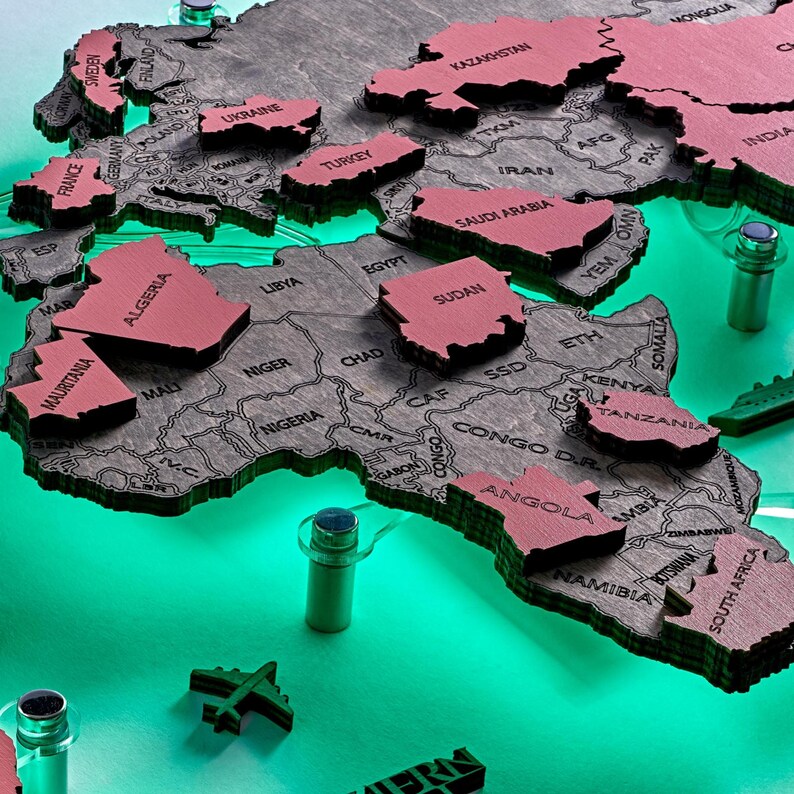 Wood Travel Map, Push Pin Map, Gift for Family, Illuminated World Map, 3D Led World Map, 3D ...