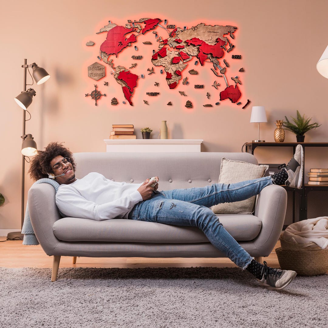 Personalized LED Travel Map Pin Board, Wood World Map Gift, Traveler ...