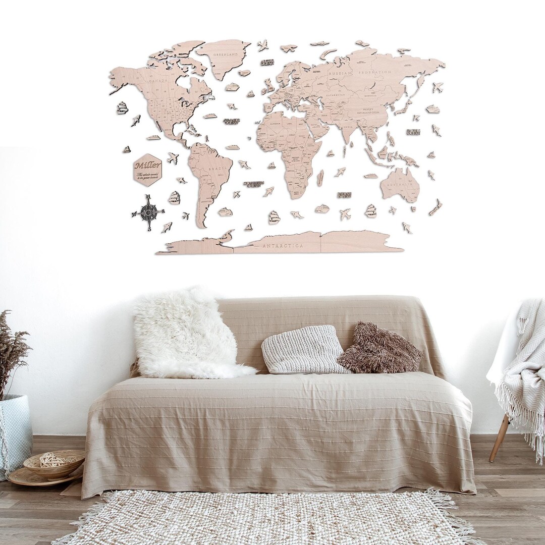3d World Map Wall Decor, Wooden World Map Wall Art, Large World Map for ...