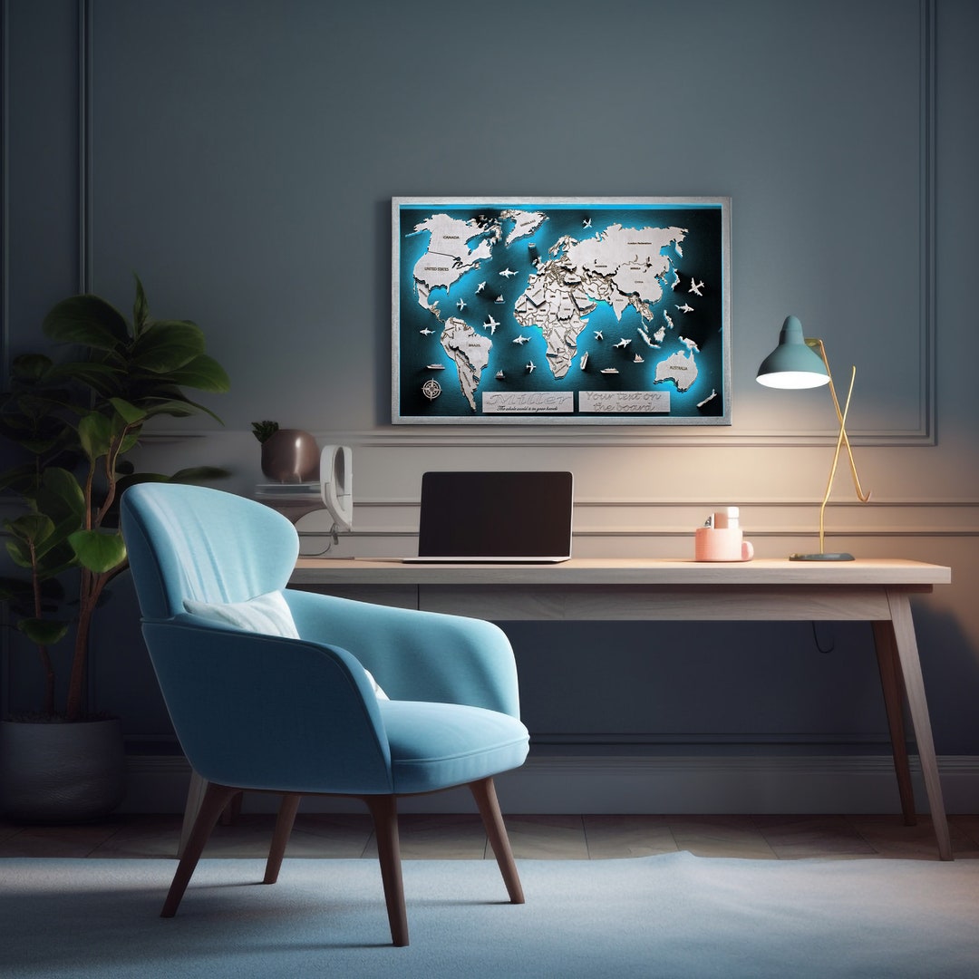 LED Wooden World Map Light up Travel Map Modern Wall Art Office Decor ...