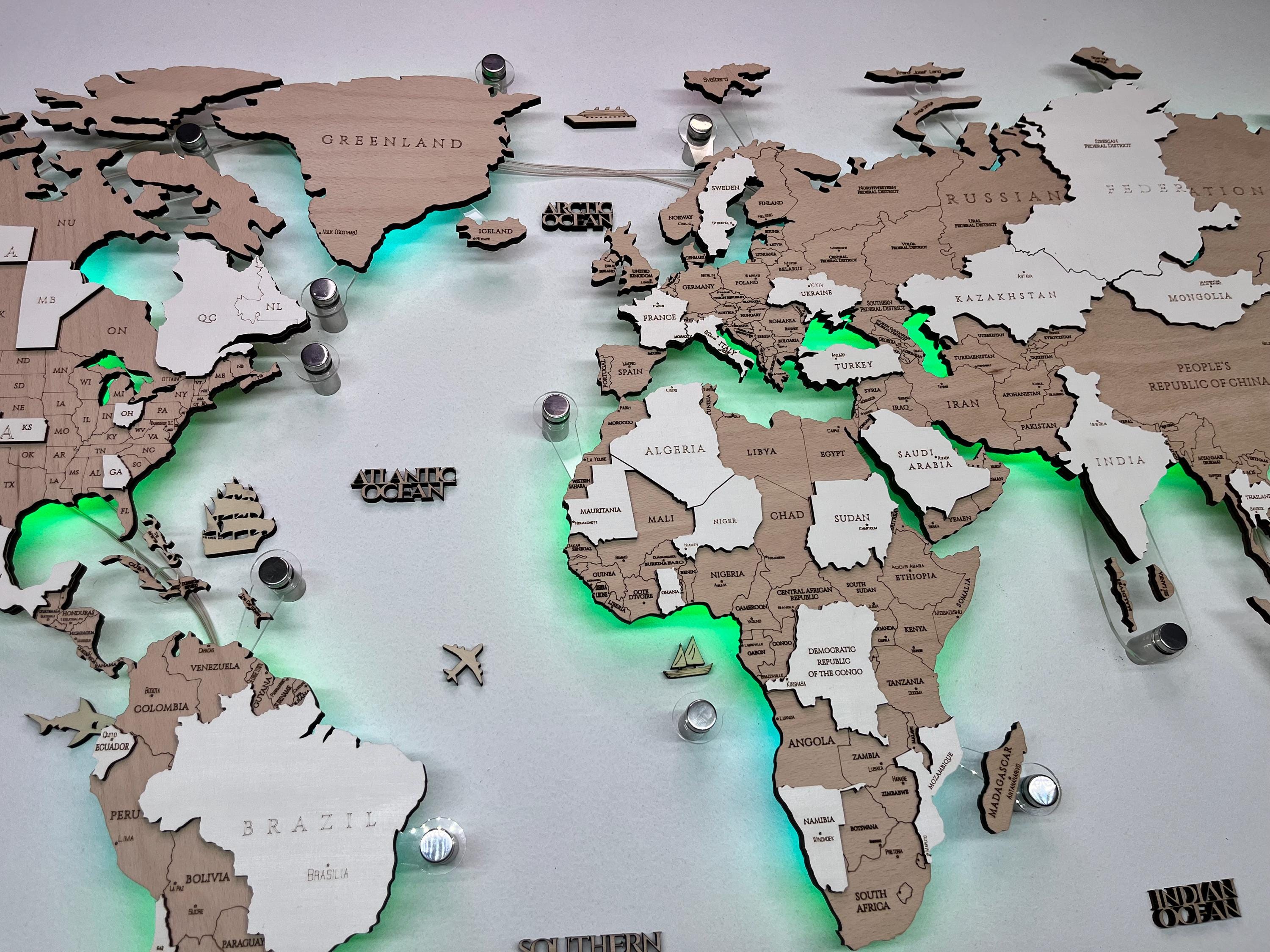 Wooden Custom Map Wall Decor, 3D Led Wooden World Map Display, Travel ...