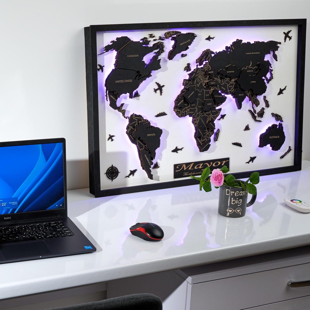 LED Wooden World Map Personalized Map Decor Custom Gift 3D Wooden Wall ...