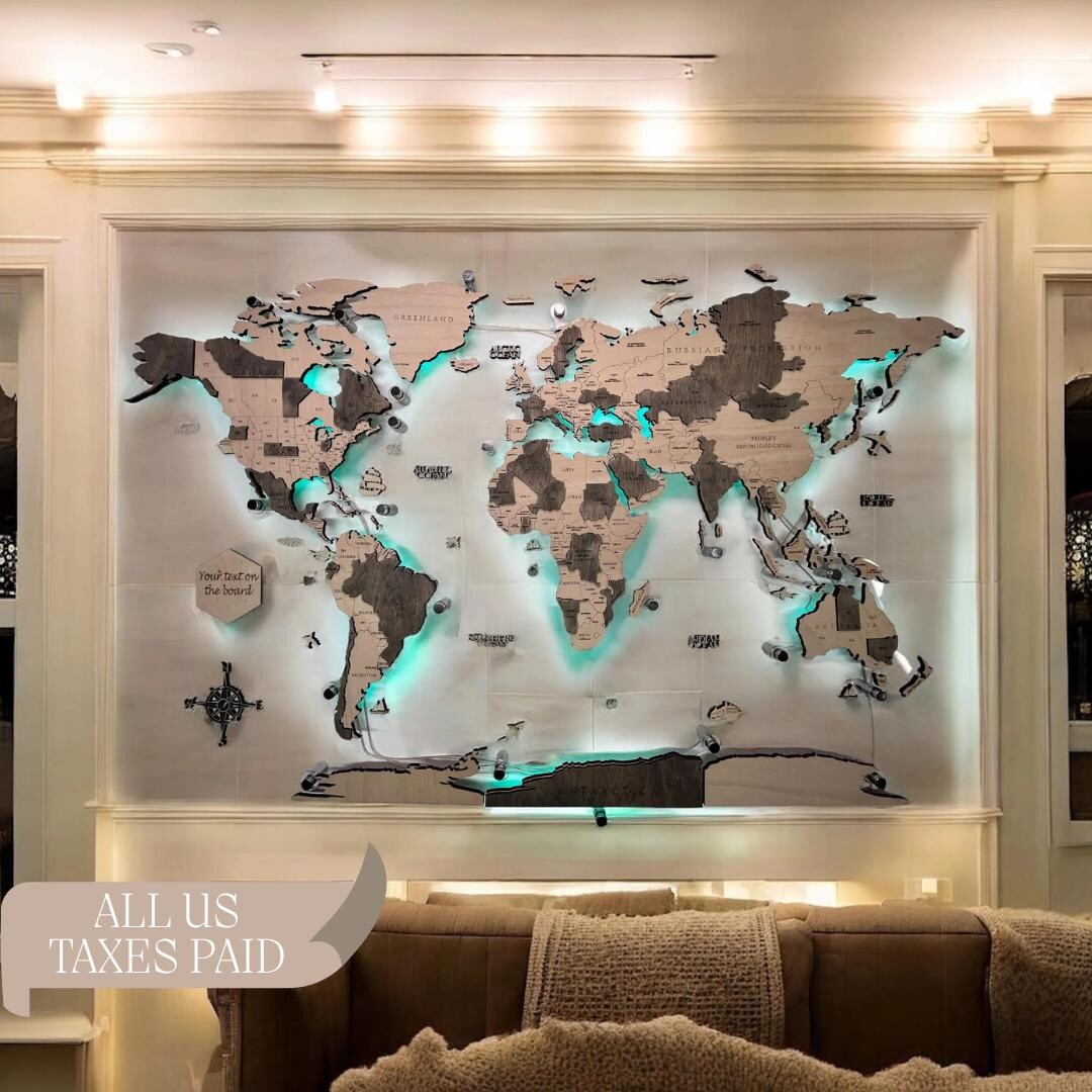 Wooden Custom Map Wall Decor, 3D Led Wooden World Map Display, Travel ...