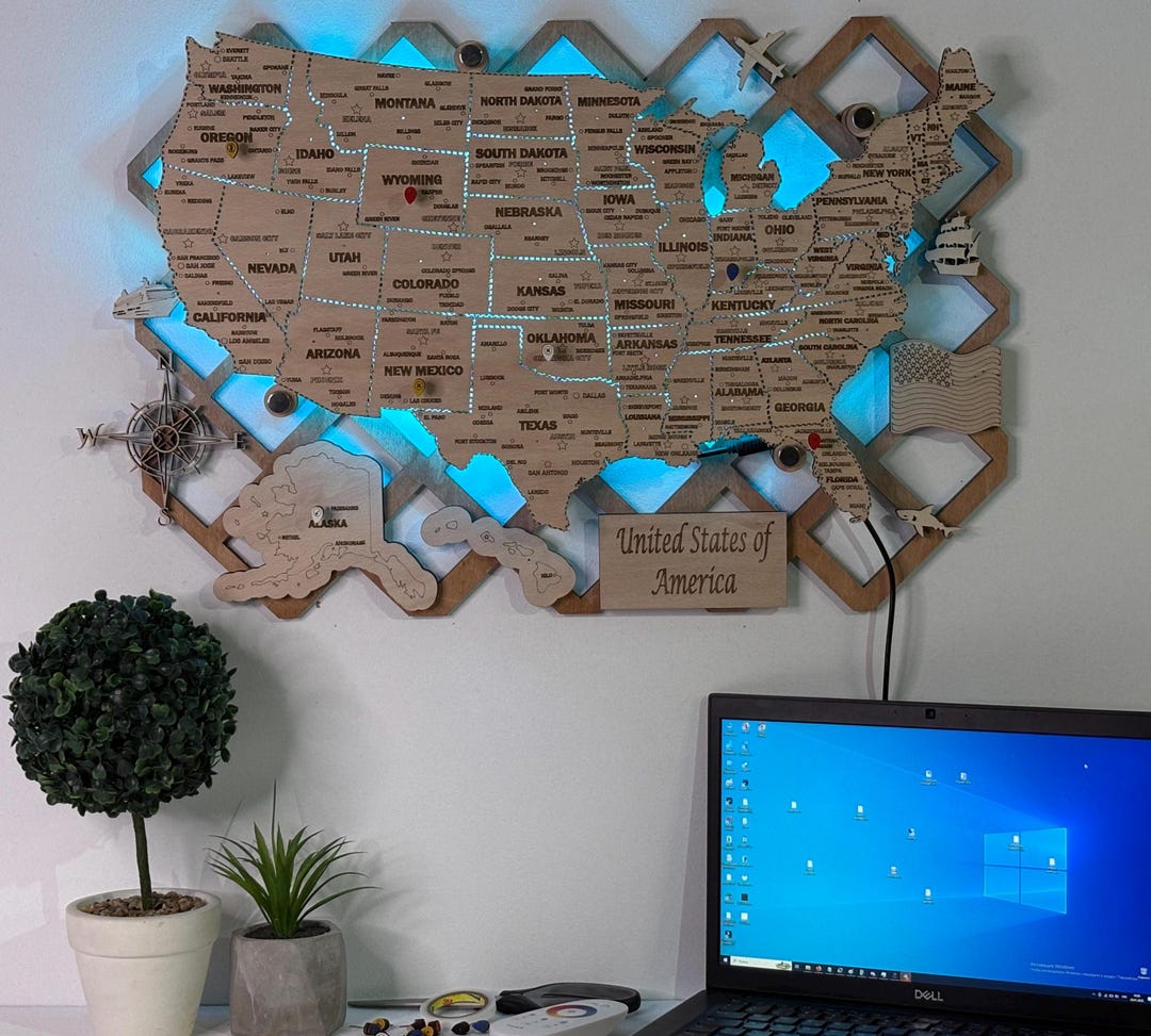 Wooden USA Map With LED Lights, Personalized Travel Push Pin Map ...
