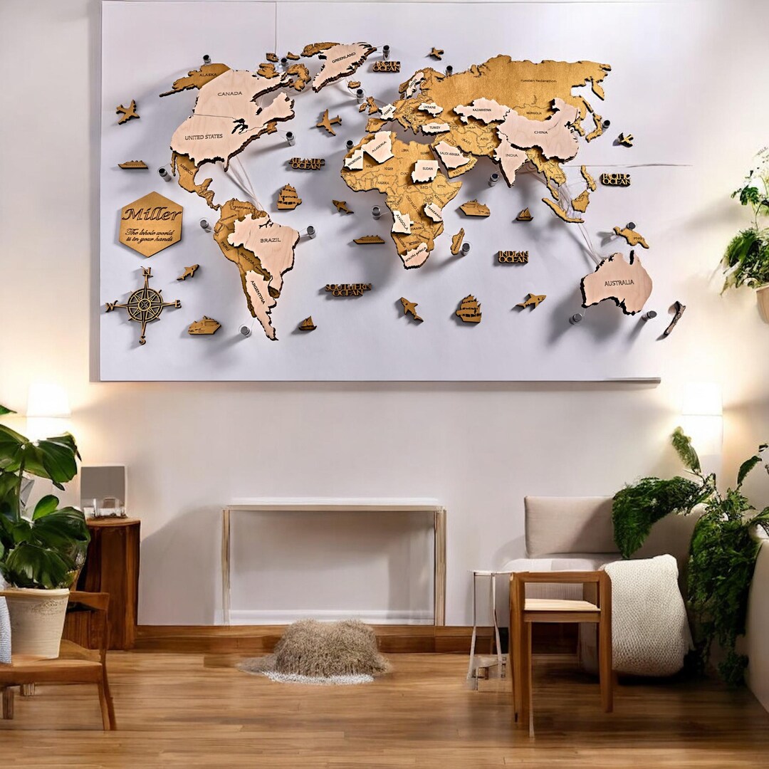 Large Wooden LED 3D World Map Wall Decor With LED Lighting Ideal Father ...