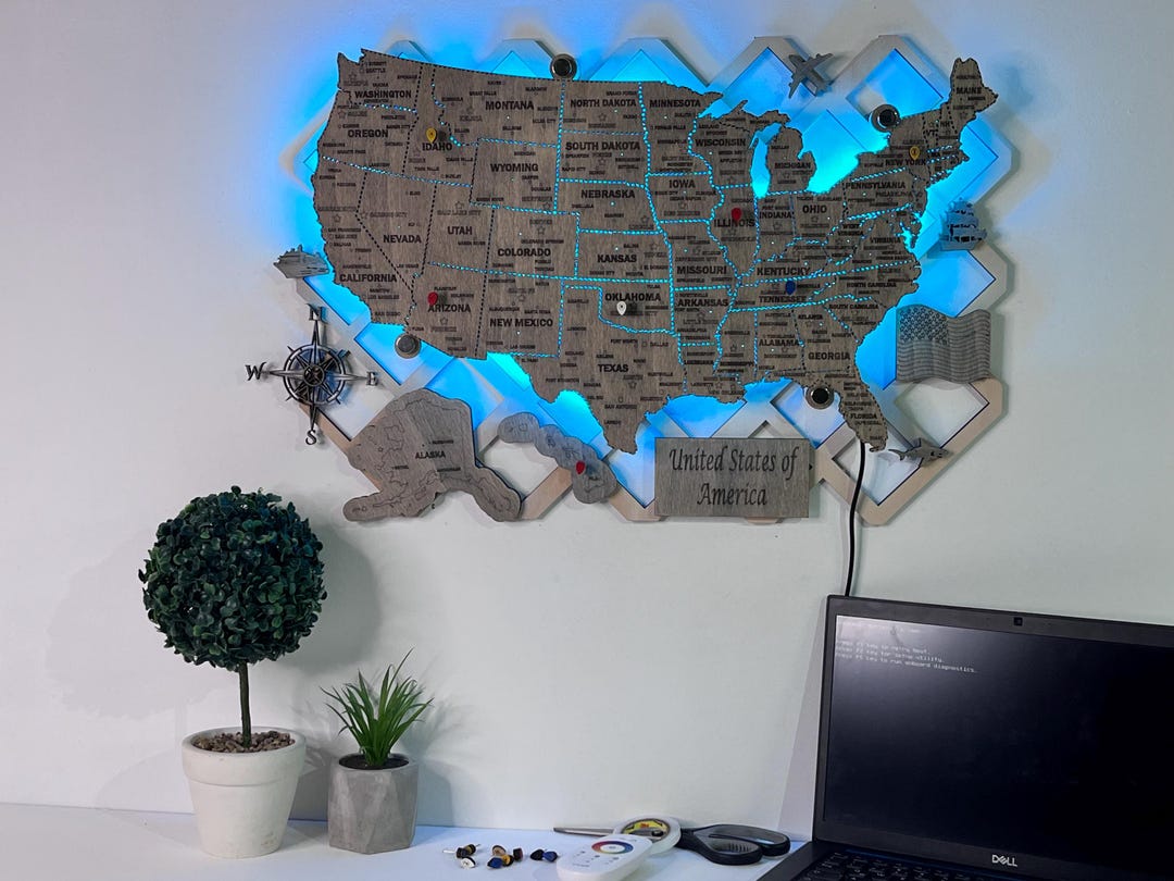 Backlit USA Map With Push Pins, Personalized Wooden Travel Tracker ...