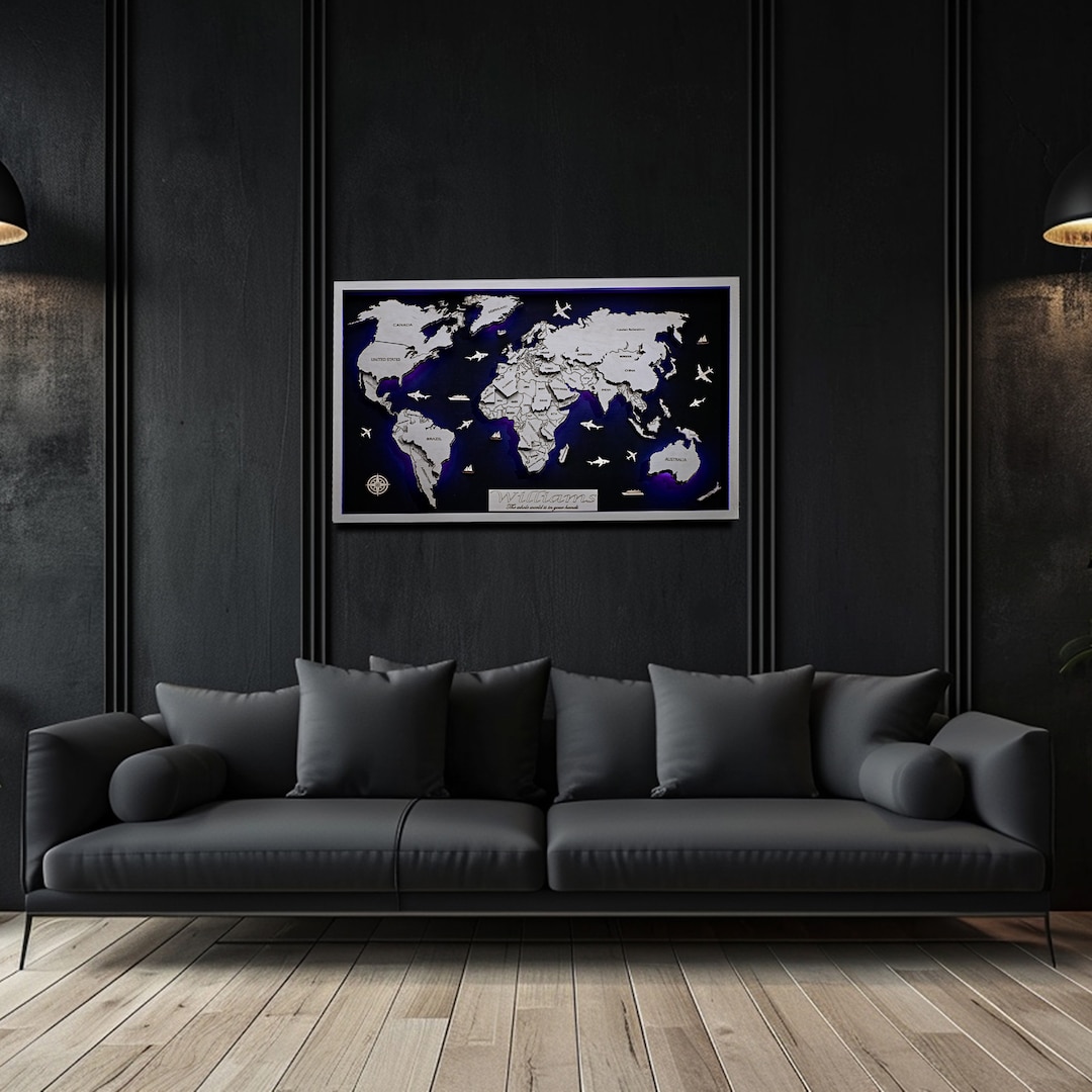 Led World Map, Modern Wooden Living Room Decor, Unique 3D Wooden World ...
