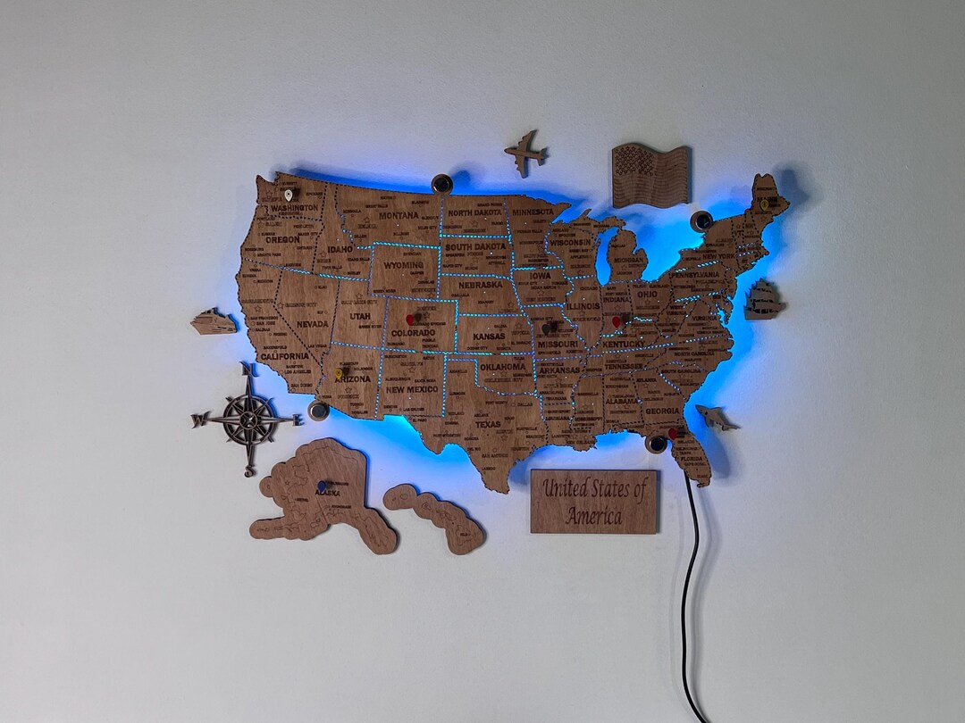 Map of USA Walnut With Backlight Unique Apartment Decor Personalized ...