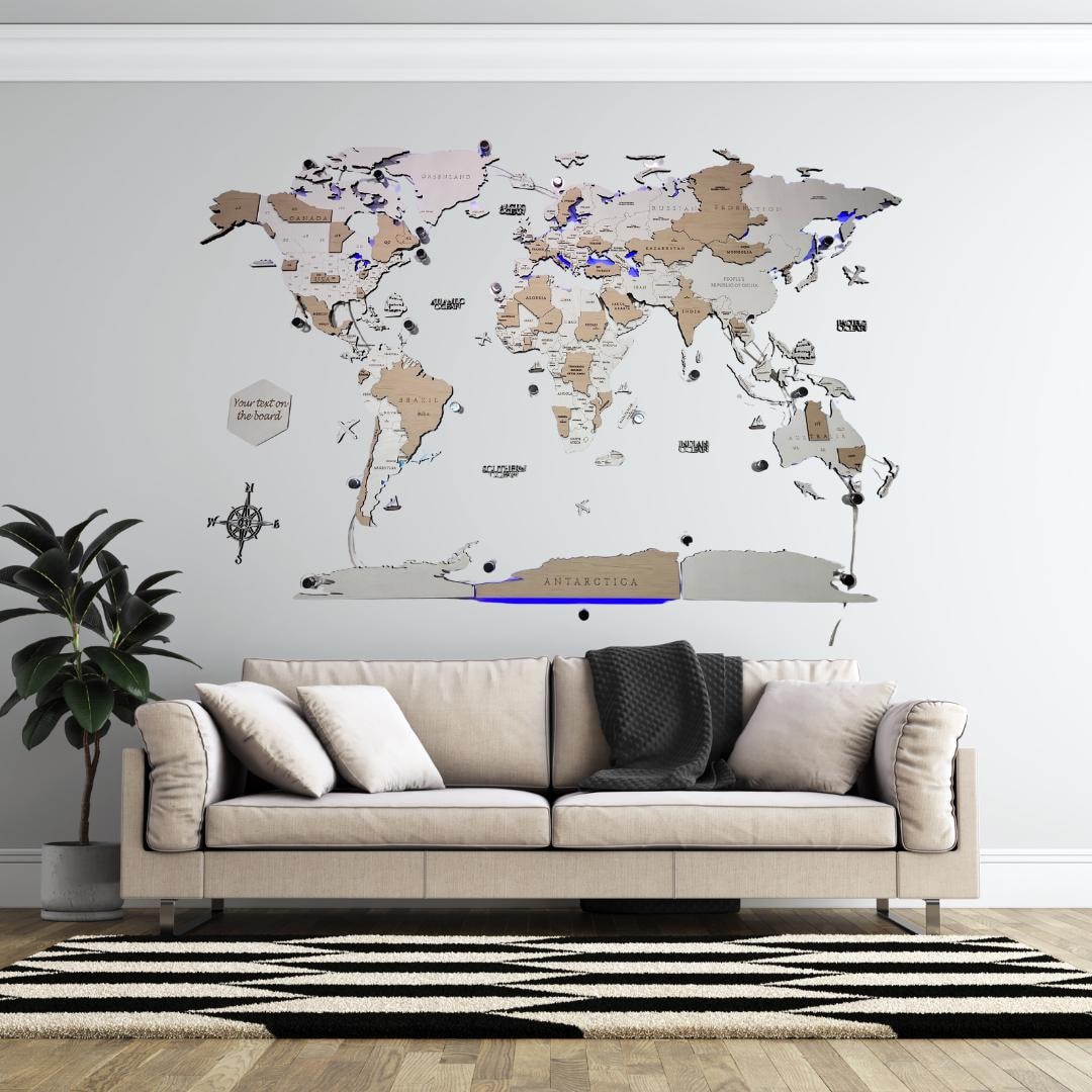 3D World Map Custom Wooden 3D Map Wall Decor LED Backlit World Map ...