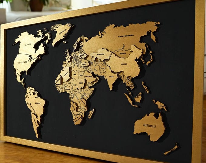 3D World Map With Leds, Wooden Wall Map of the World, 3D Natural Wood ...