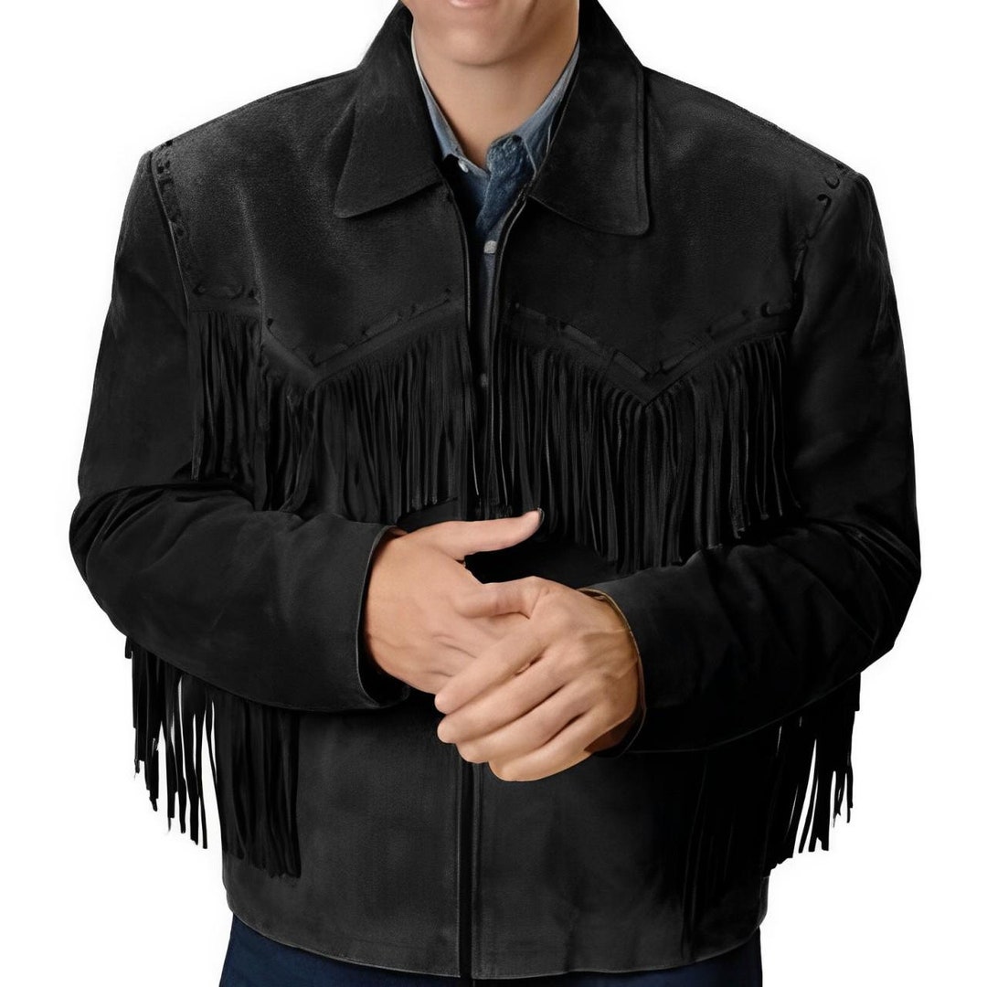 Men's Black Suede Western Cowboy Leather Jacket With Fringe - Etsy