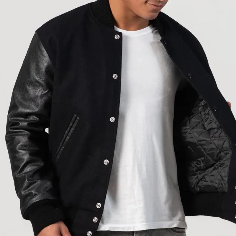 Black Varsity Jacket With Leather Sleeves for Men - Etsy