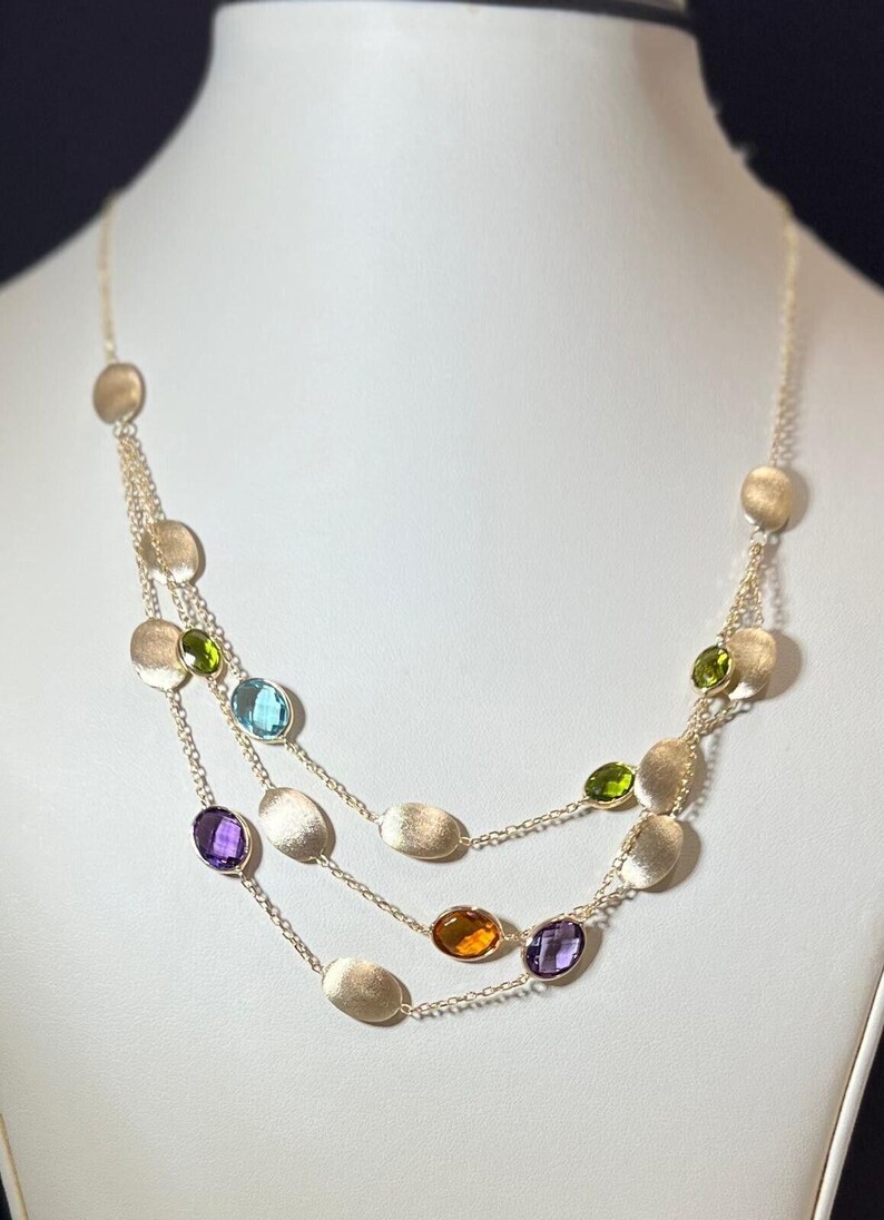 14K Yellow Gold Natural Assorted Semi Precious Gemstone Chain Necklace ...