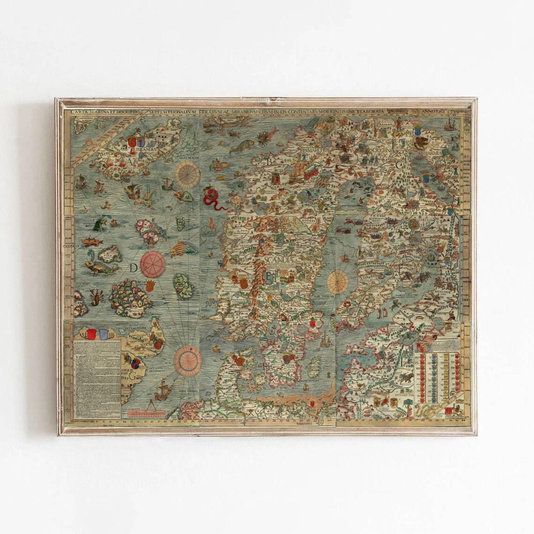 Antique Sea Map of a Scandinavia by Olaus Magnus in 1527-39. Carta ...