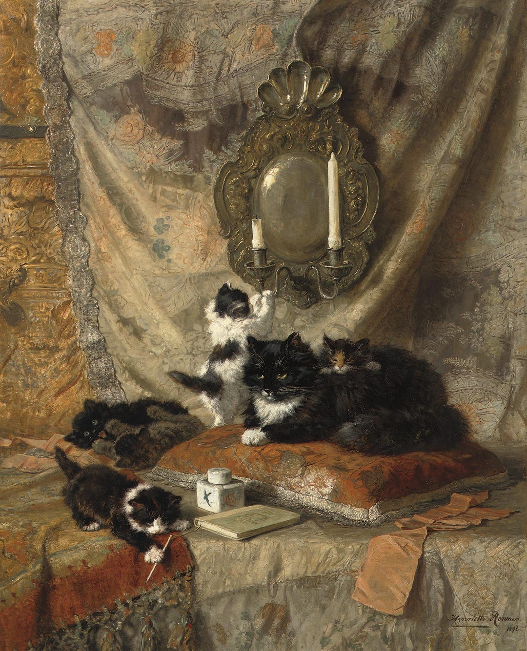 Henriette Ronner Knip A Mother Cat Resting While Her Kittens Play Painting Poster Canvas Print ...