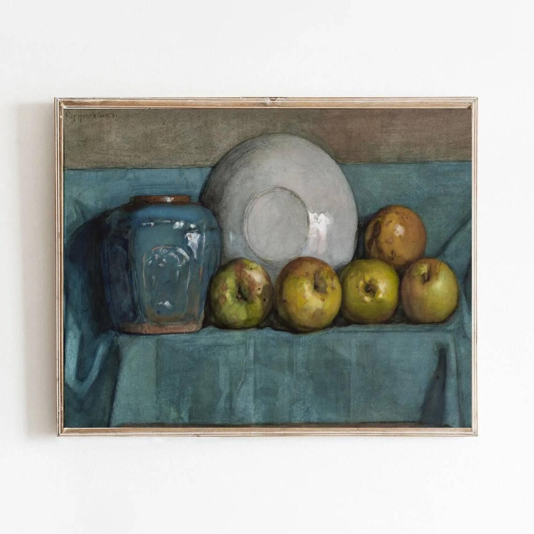 Piet Mondrian Apples, Ginger Pot and Plate on a Ledge Painting Poster ...