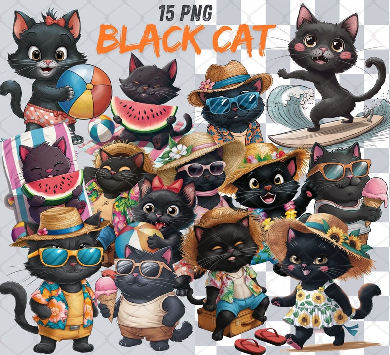 Black Cat Summer Sublimation Clipart Bundle Fun Summer Cat Designs ...