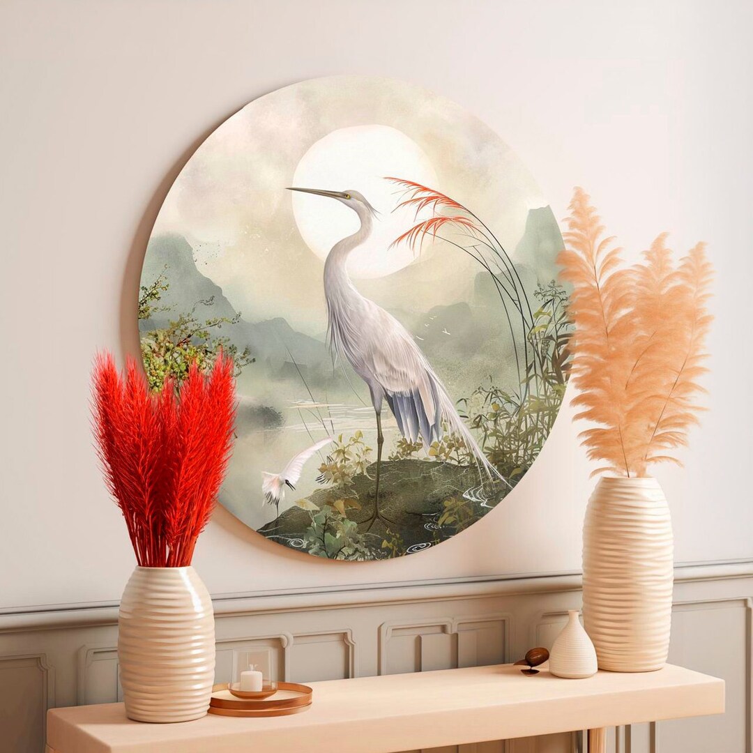 Round Poster of a Heron Nature Wall Art for Living Room Décor Landscape ...