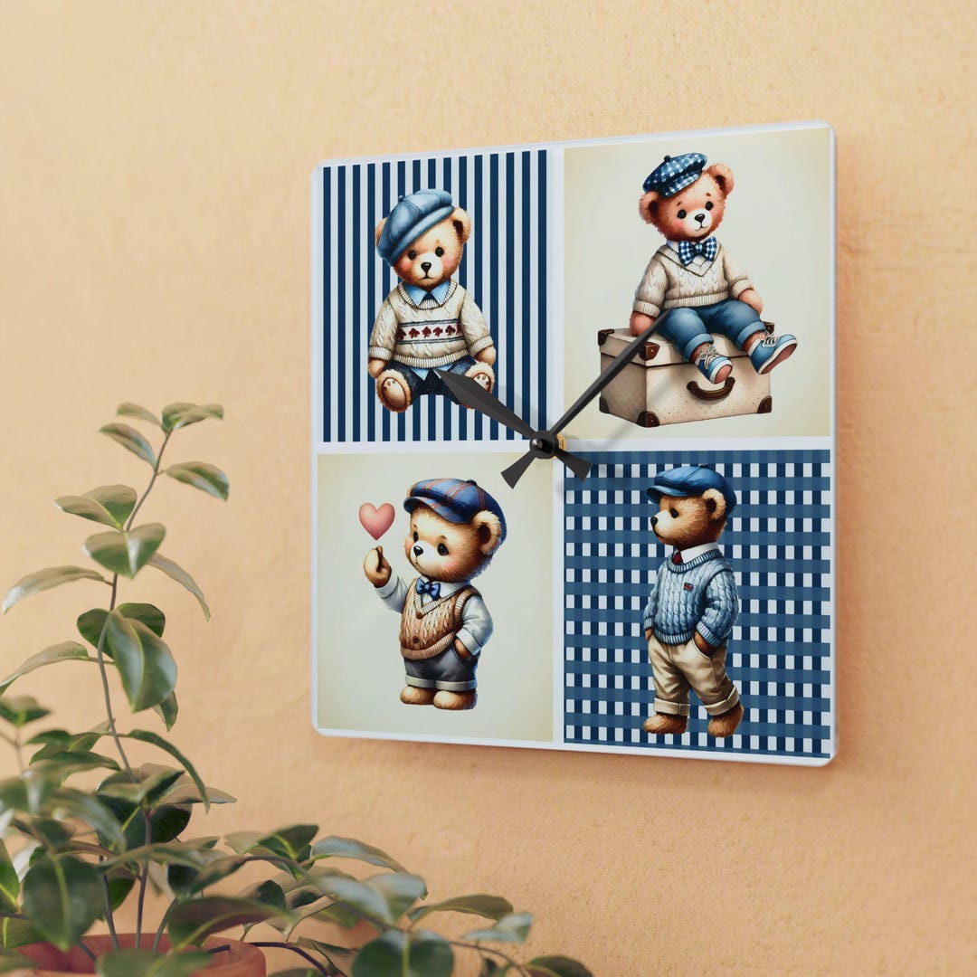 Vintage Teddy Bear Clock Cute Nursery Decor, Silent Kids Wall Clock ...