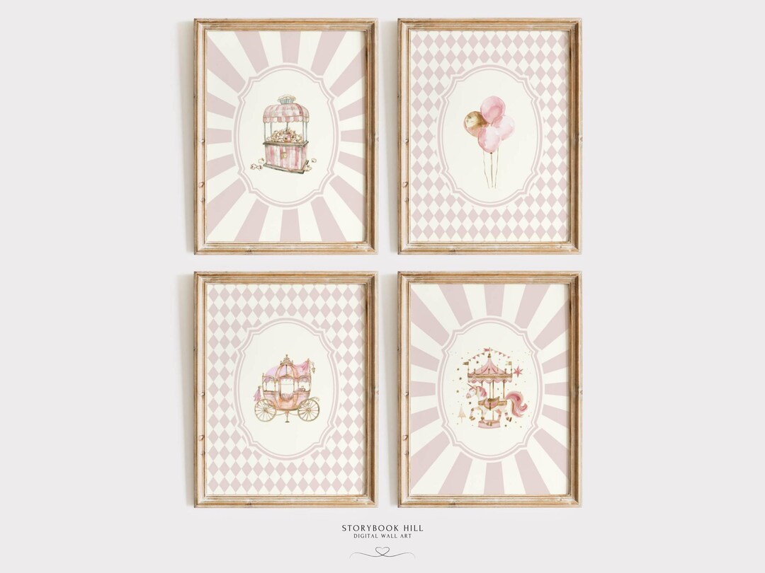 Dusty Pink Carnival Nursery Prints Set of 4, Funhouse Funhaus Baby Room ...