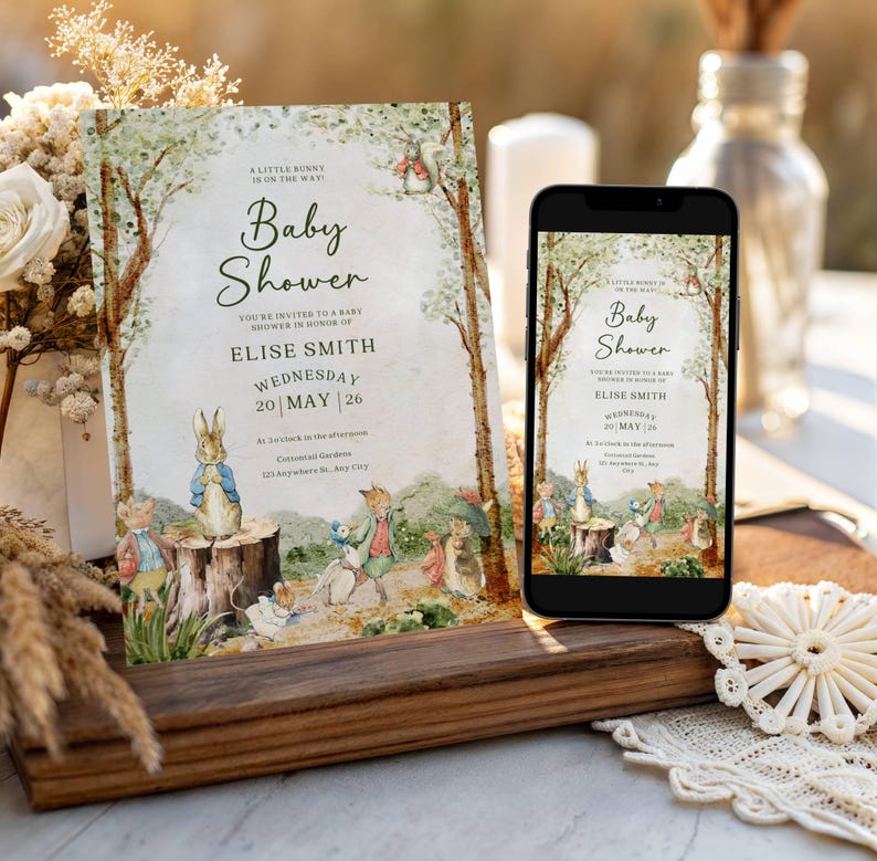Peterrabbit Baby Shower Invitation Rustic Woodland Peter Rabbit Digital ...