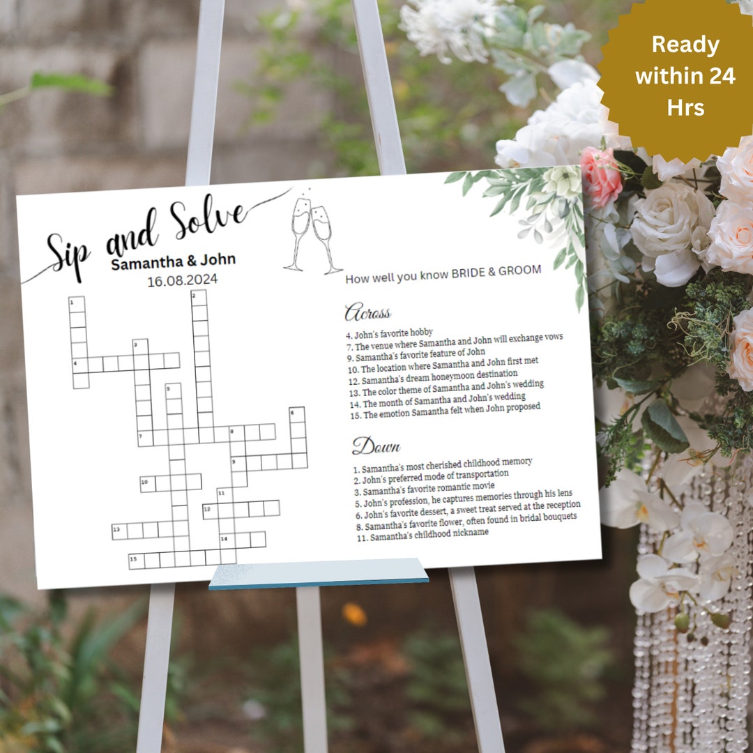 Wedding Crossword Puzzle Personalized Bridal Shower Crossword Game ...