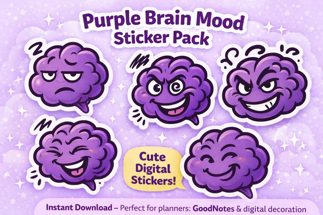 Purple Brain Funny Mood Stickers | Cute Digital Brain Stickers ...