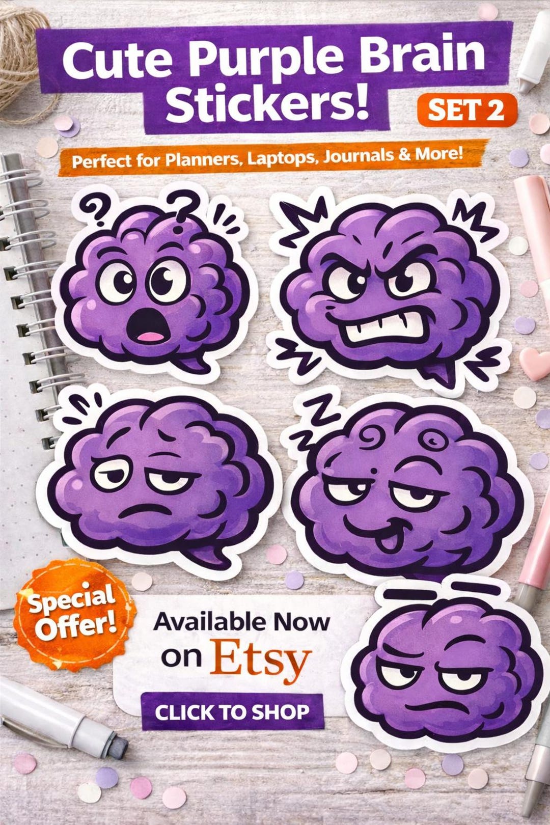 Purple Brain Mood Stickers – Set 2 | Funny Brain Emotions | Cute ...