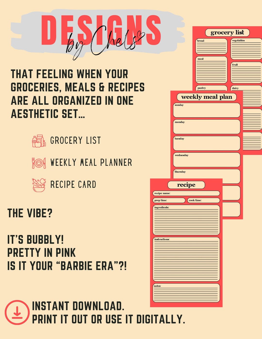 Kitchen Organization Printable Set | Grocery List, Weekly Meal Plan ...