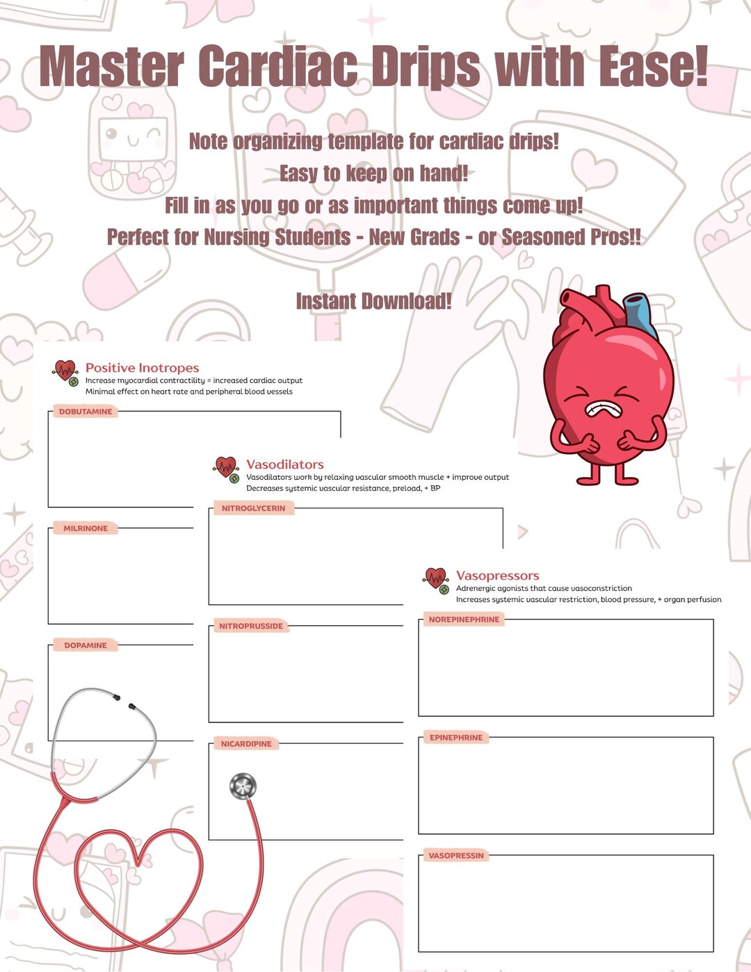Digital Cardiac Drip Notes Template - Etsy