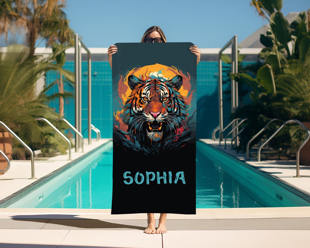 Tiger Beach Towel, Personalized Beach Towel, Custom Name Beach Towels ...