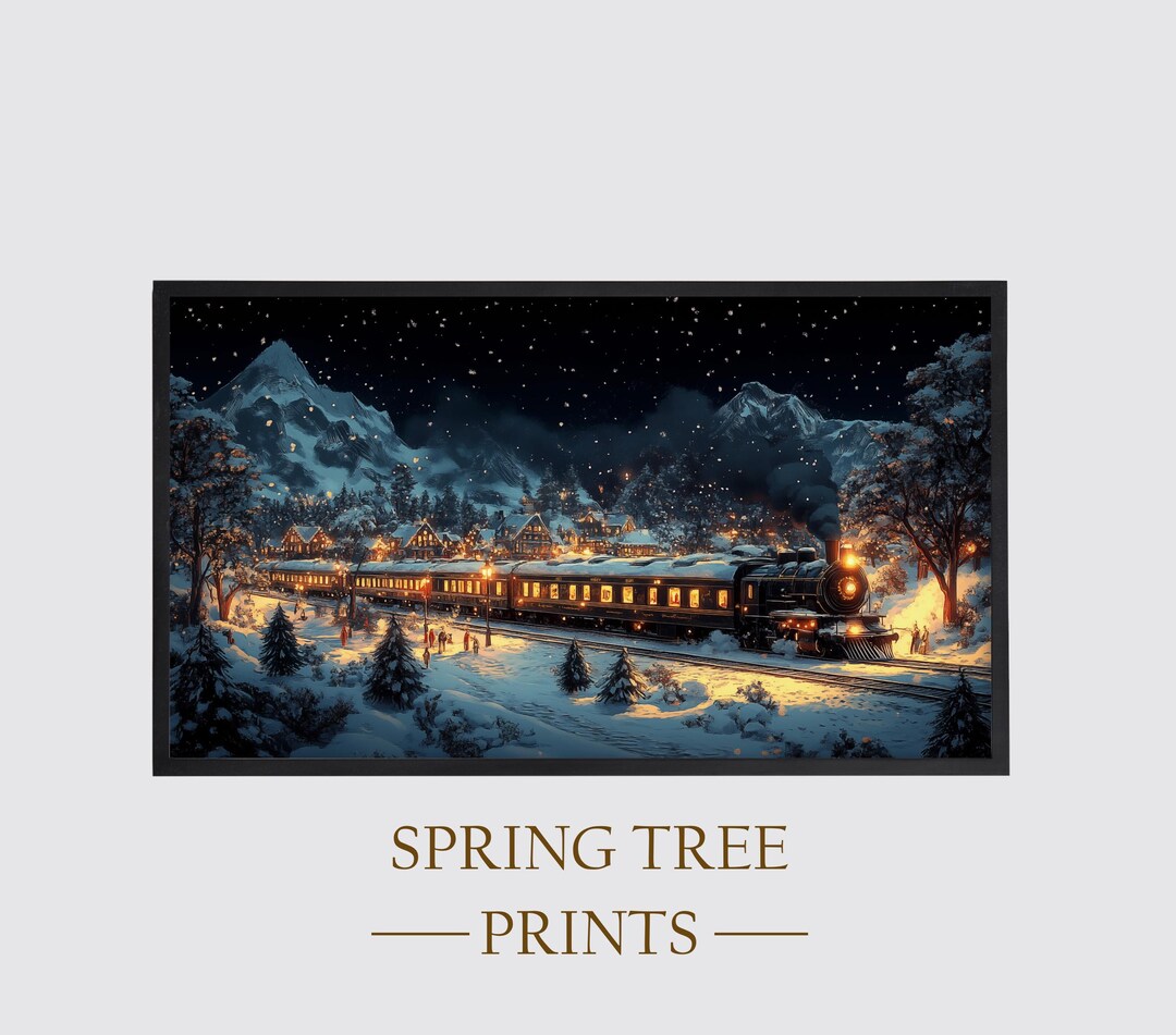 Alpine Train Snowy Winter Village DIGITAL ART Frame TV Holiday Painting ...