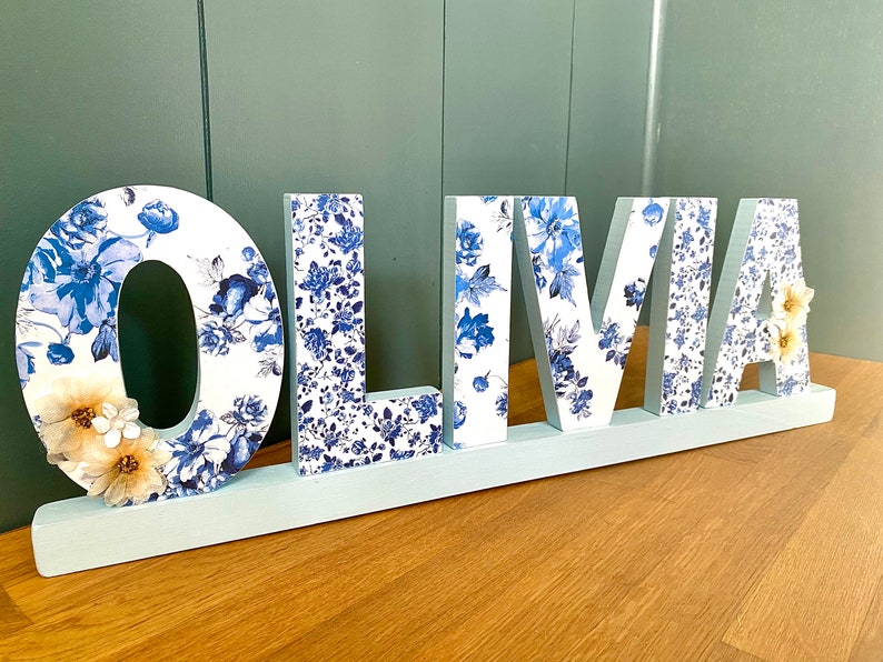 Personalized Blue Floral Standing Wood Name Sign Baby Name Decor Babys ...