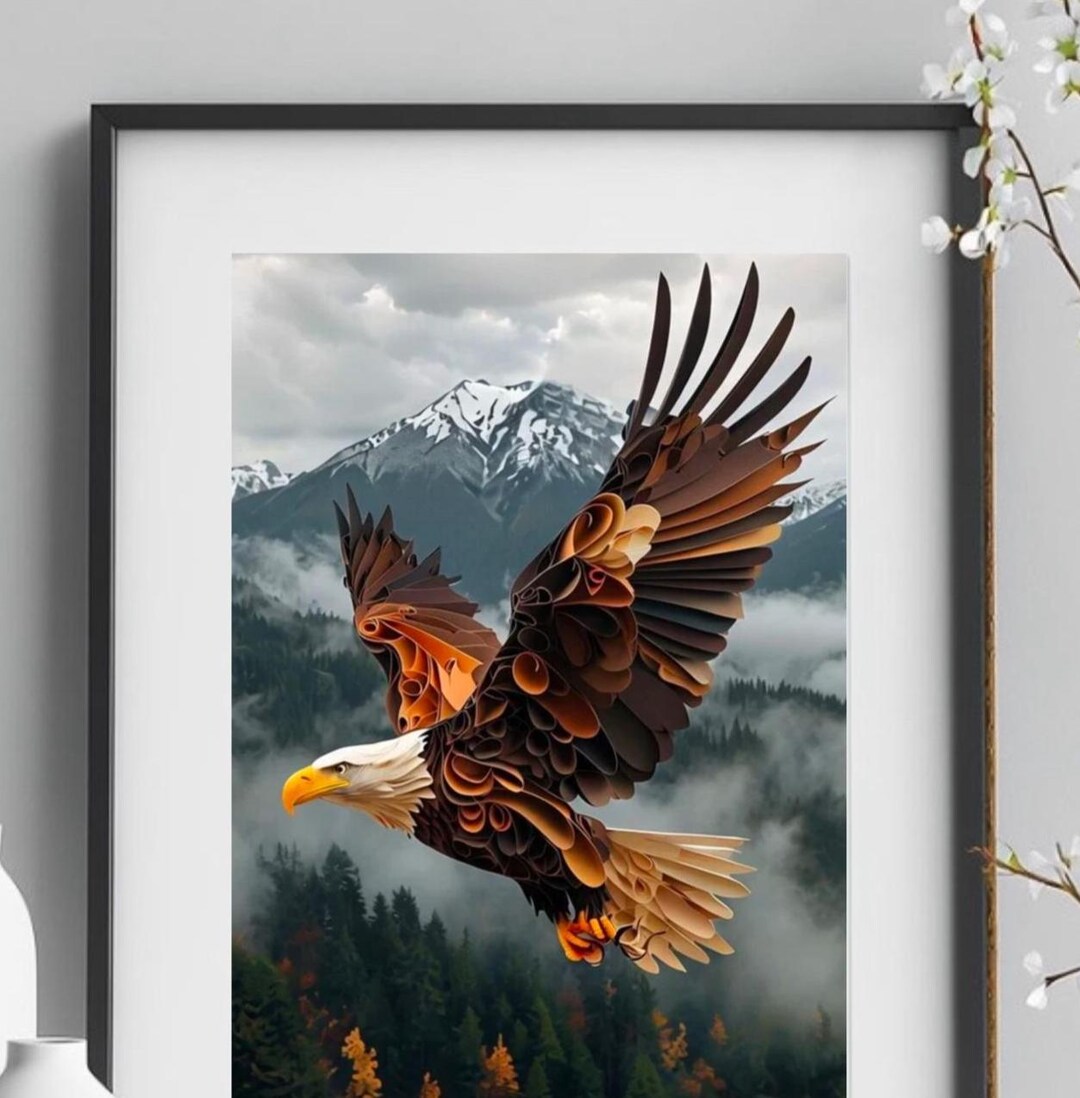 Bald Eagle Poster Quilled Paper Style Mountain Landscape Wall Art ...