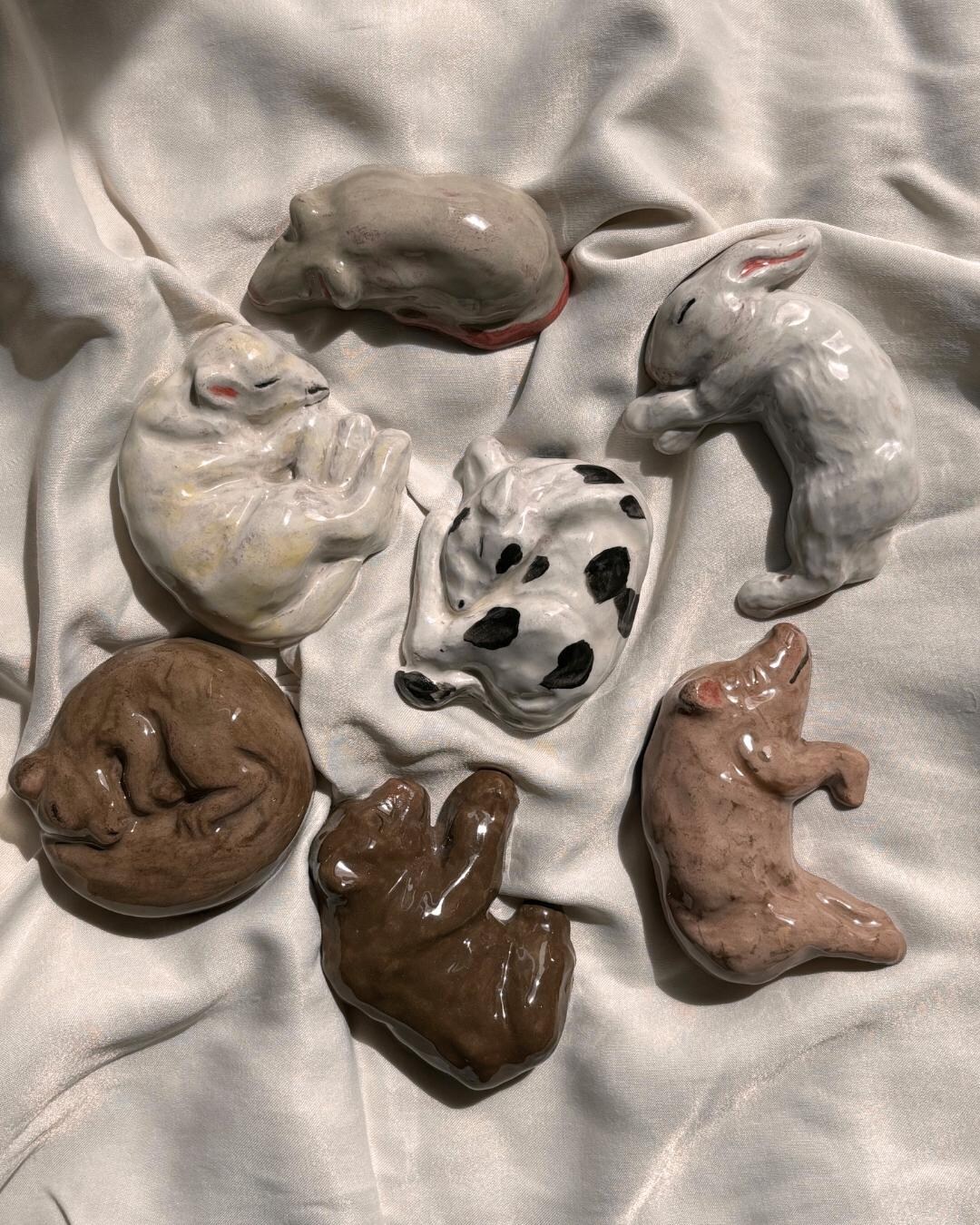 7 Ceramic Animal Figurines , Handmade Paper Weight , Tabletop ...