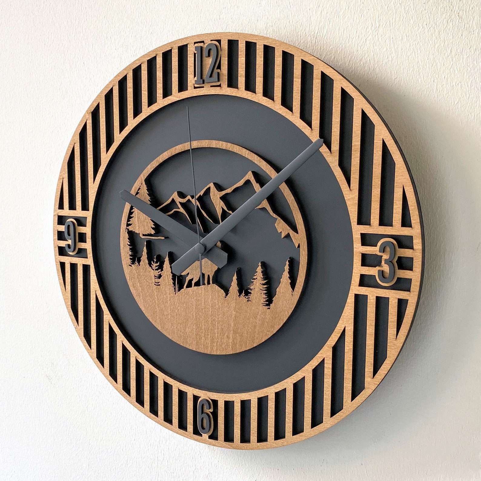 Modern Silent Mountain Wood Wall Clock With Numerals 12 19 16 12 Inch ...