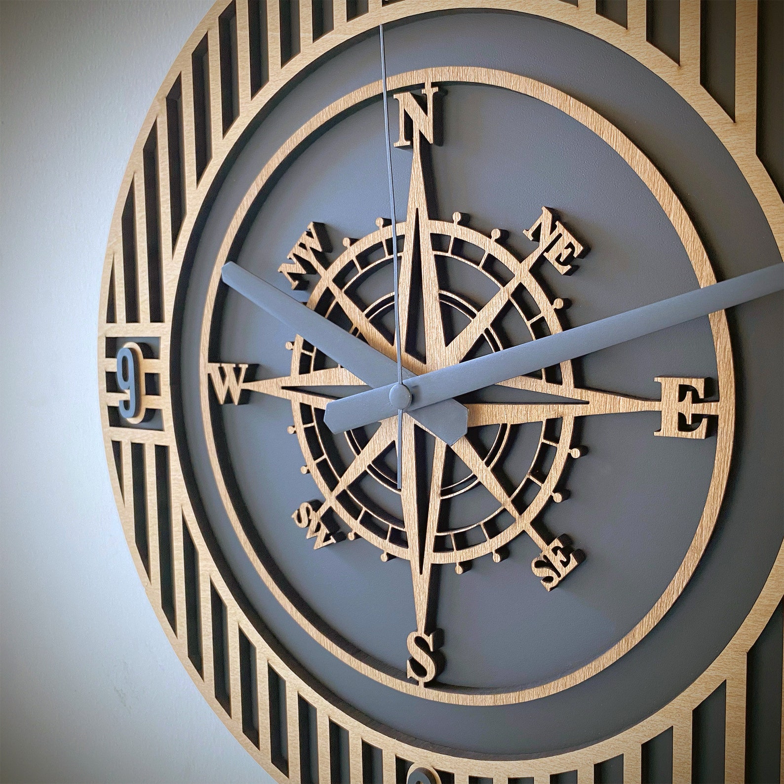 Large Latin Numeral Compass Wooden Wall Clock, Oversized Wall Clock ...