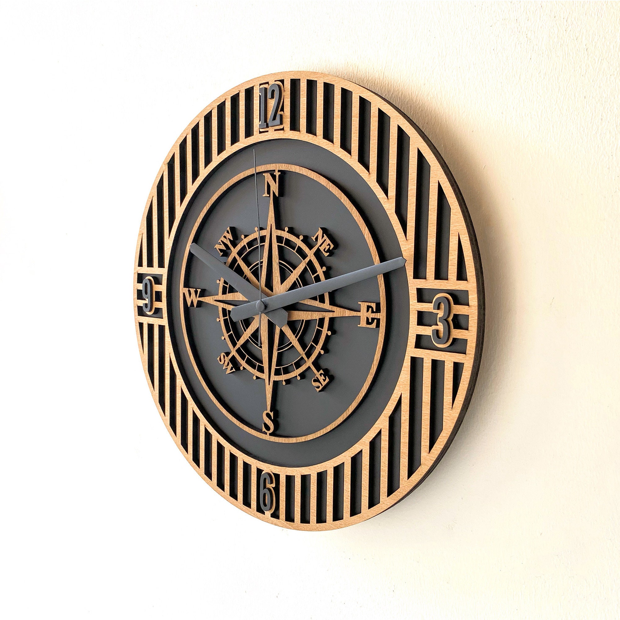 Large Latin Numeral Compass Wooden Wall Clock, Oversized Wall Clock ...