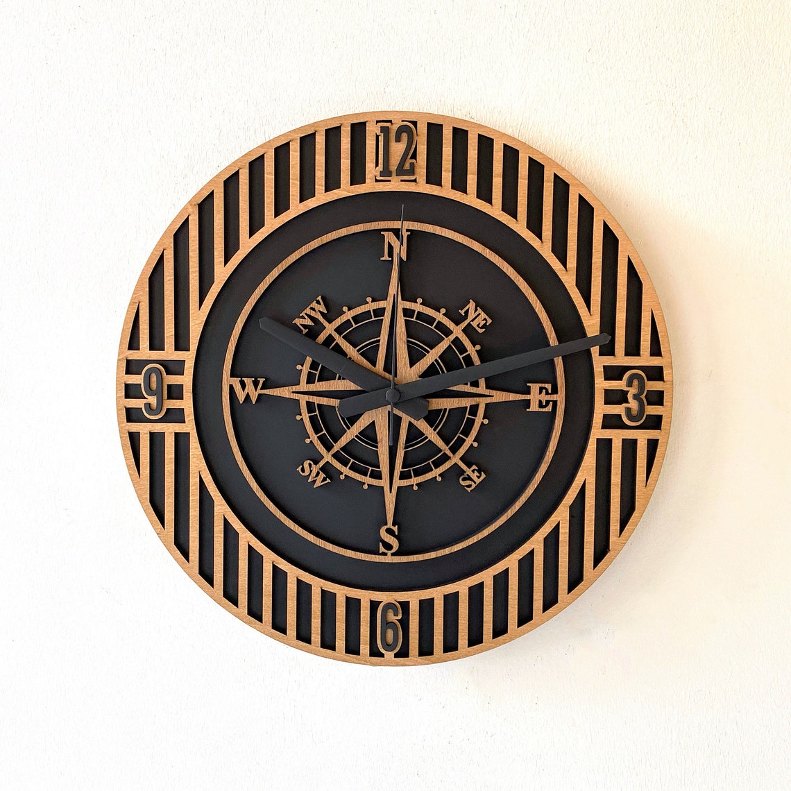 Large Latin Numeral Compass Wooden Wall Clock, Oversized Wall Clock ...