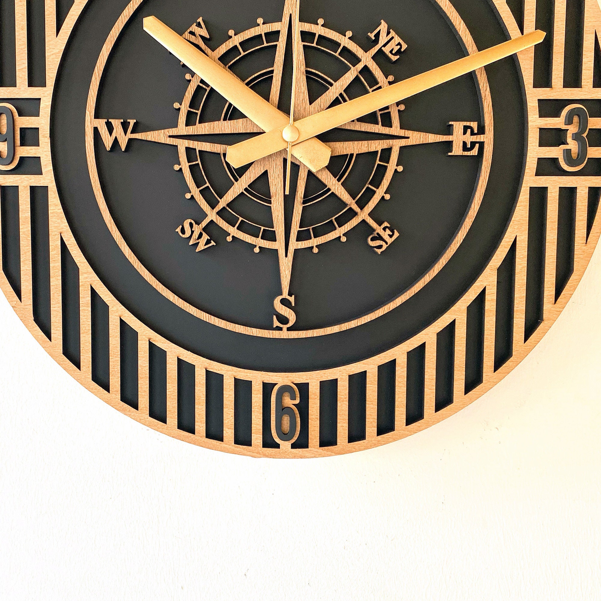 Large Latin Numeral Compass Wooden Wall Clock, Oversized Wall Clock ...