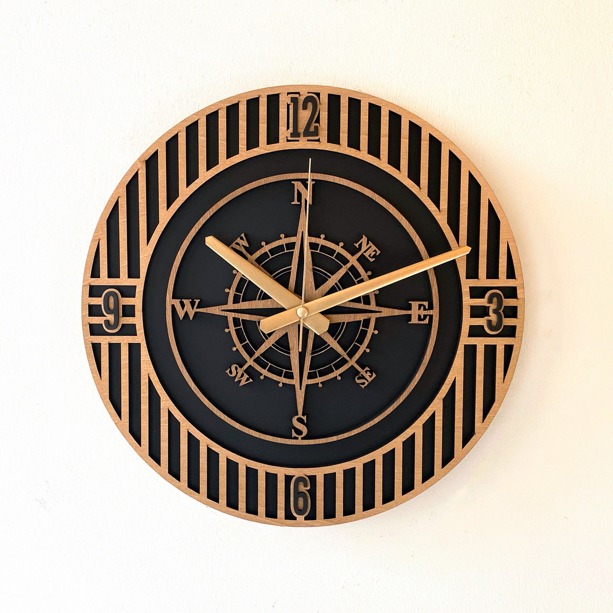 Large Latin Numeral Compass Wooden Wall Clock, Oversized Wall Clock ...