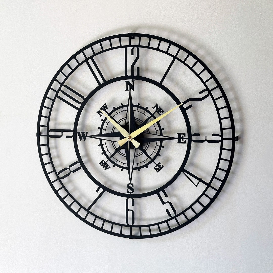 Compass Wall Clock, Metal Round Wall Art, Silent Clock, Latin Numeral ...