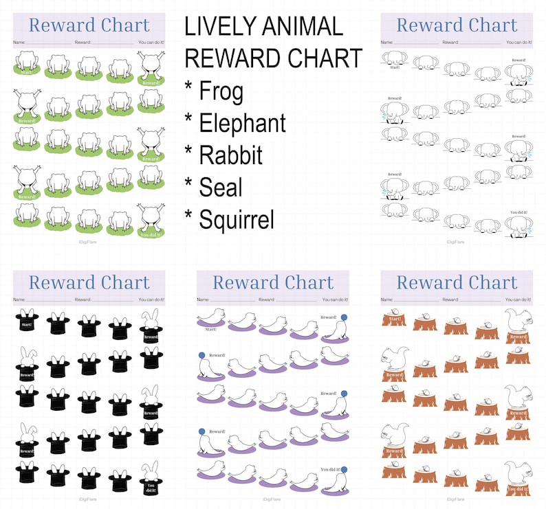 5 Lively Animal Reward Charts, Sticker / Color Chore Schedule, Kids ...
