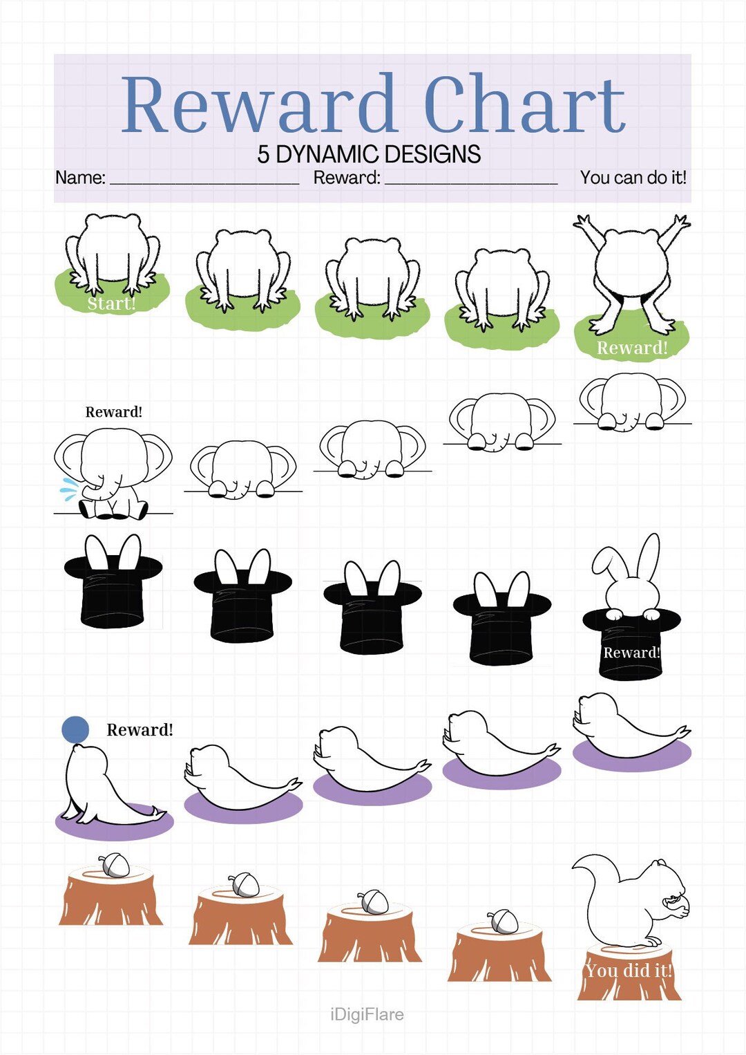 5 Lively Animal Reward Charts, Sticker / Color Chore Schedule, Kids ...