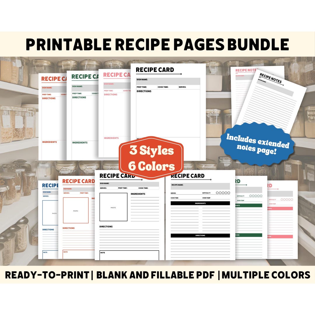 Recipe Pages Bundle | Printable Family Recipe Card | Blank and Fillable ...