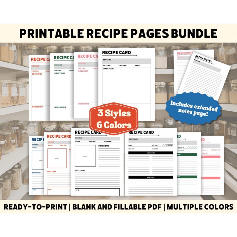 Recipe Pages Bundle | Printable Family Recipe Card | Blank and Fillable ...