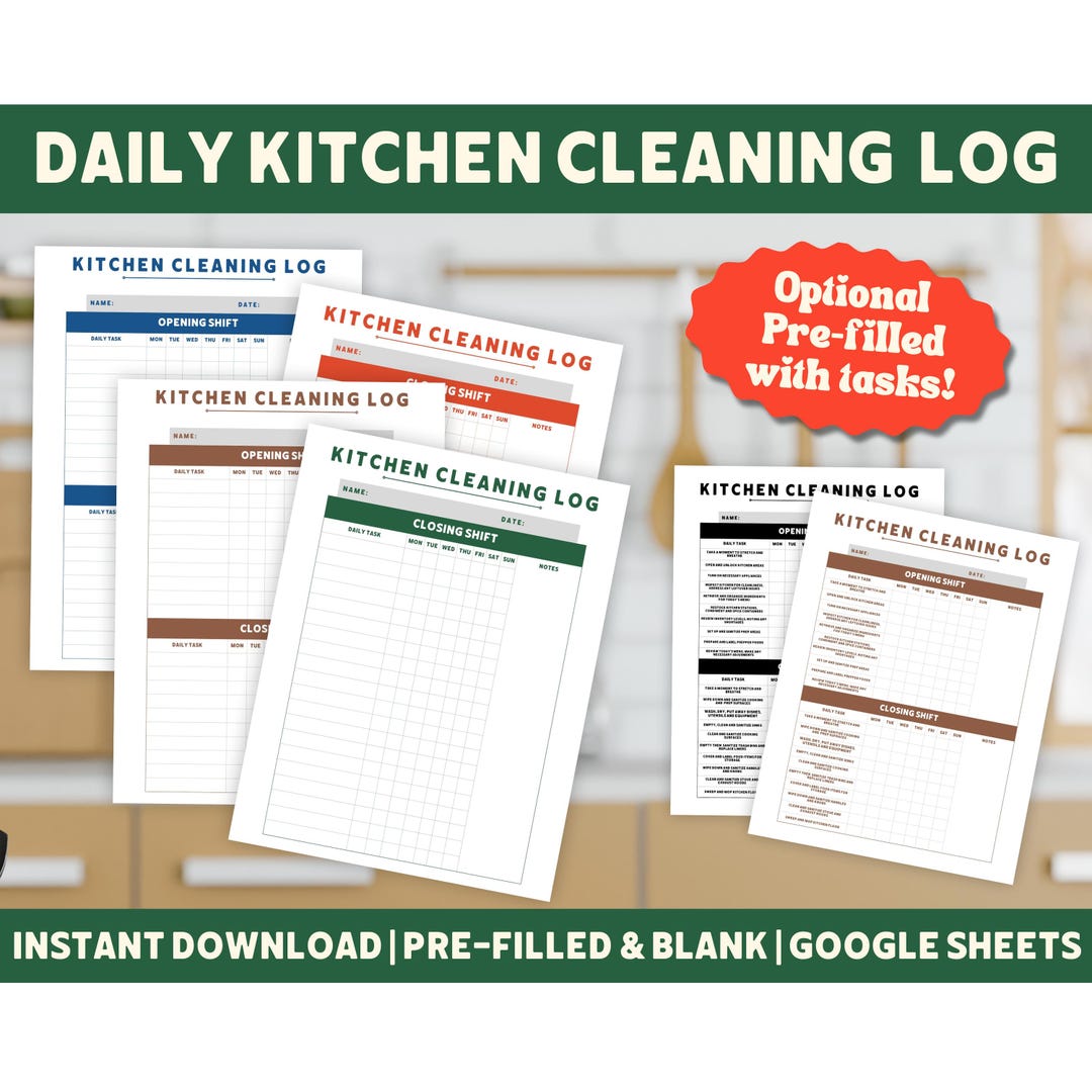 Daily Kitchen Cleaning Log | Printable Opening + Closing Shift Guide ...